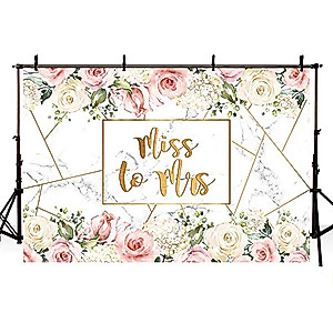 MEHOFOND 7x5ft Miss to Mrs Backdrop for Bridal Shower Pink White Floral White Gold Marbled Wedding Party Decorations Photography Background Engagement Party Banner Supplies Photo Booth Props
