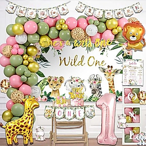 Fiesec Wild One Birthday Decorations Girl, Jungle Safari Animal Theme 1st Party Decorations Backdrop Balloons Leaves Monthly Photo Highchair Banner Box Cutout Cake Topper Crown Poster Pink 127 PCs