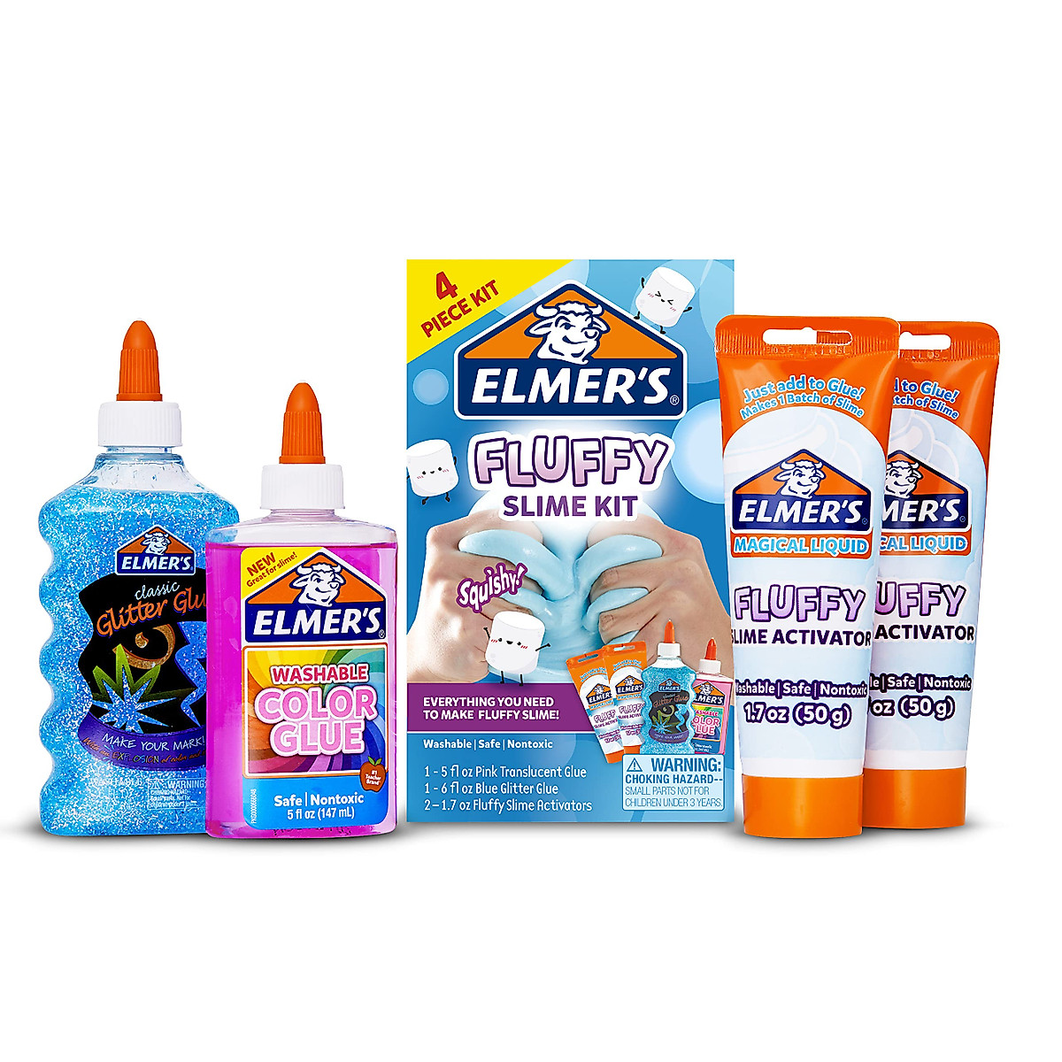 Elmer’s Fluffy Slime Kit, Includes Elmer’s Translucent Color Glue, Elmer’s Glitter Glue, Elmer’s Fluffy Slime Activator, 4 Count