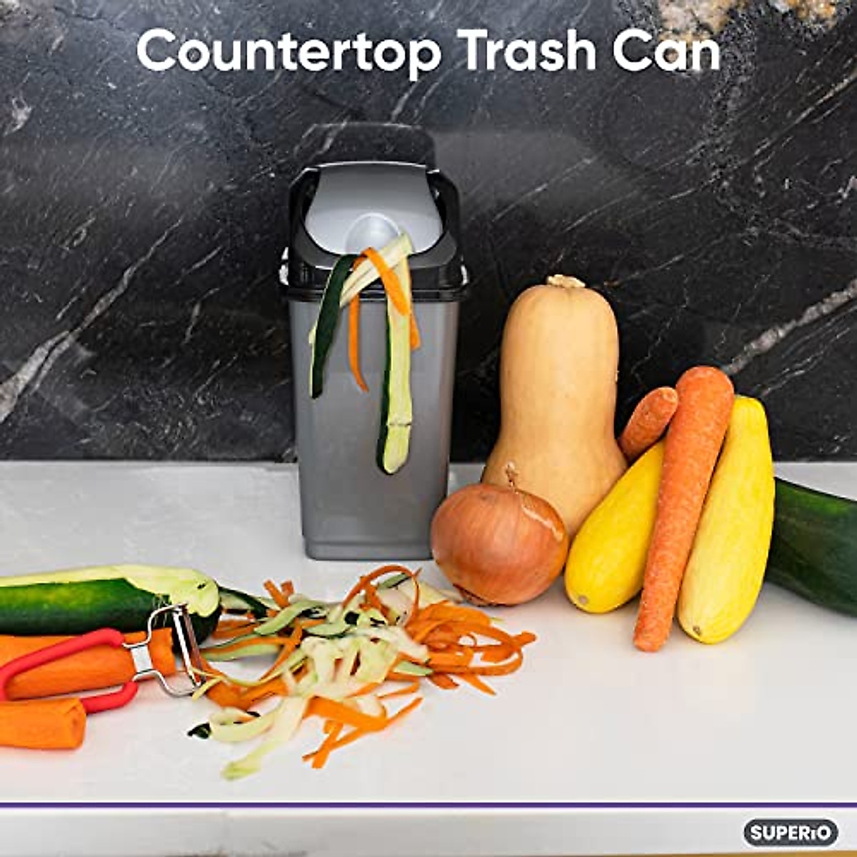 Superio 1.25 Gal Mini Plastic Trash Can with Swing Top Lid Small Waste Bin for Countertop, Desk, Vanity, Bathroom 5 Quart (Grey/Black)