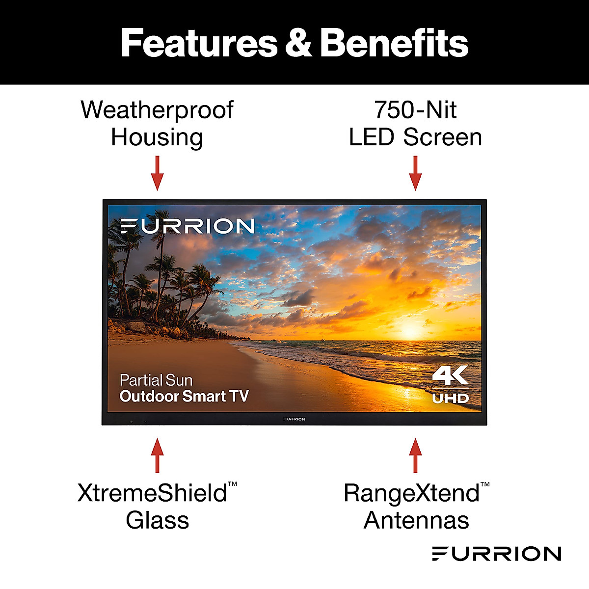 Furrion Aurora 55-Inch Partial-Sun 4K Outdoor Smart TV - Weatherproof Television w/ HDR10, Anti-Glare, 750-Nit LED Screen, Impact-Resistant Screen, External Antenna for Partially Sunny Outdoor Areas