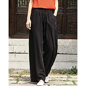IXIMO Women's Cotton Linen Wide Leg Pants Casual Drawstring Lounge Palazzo Loose Trousers Black L