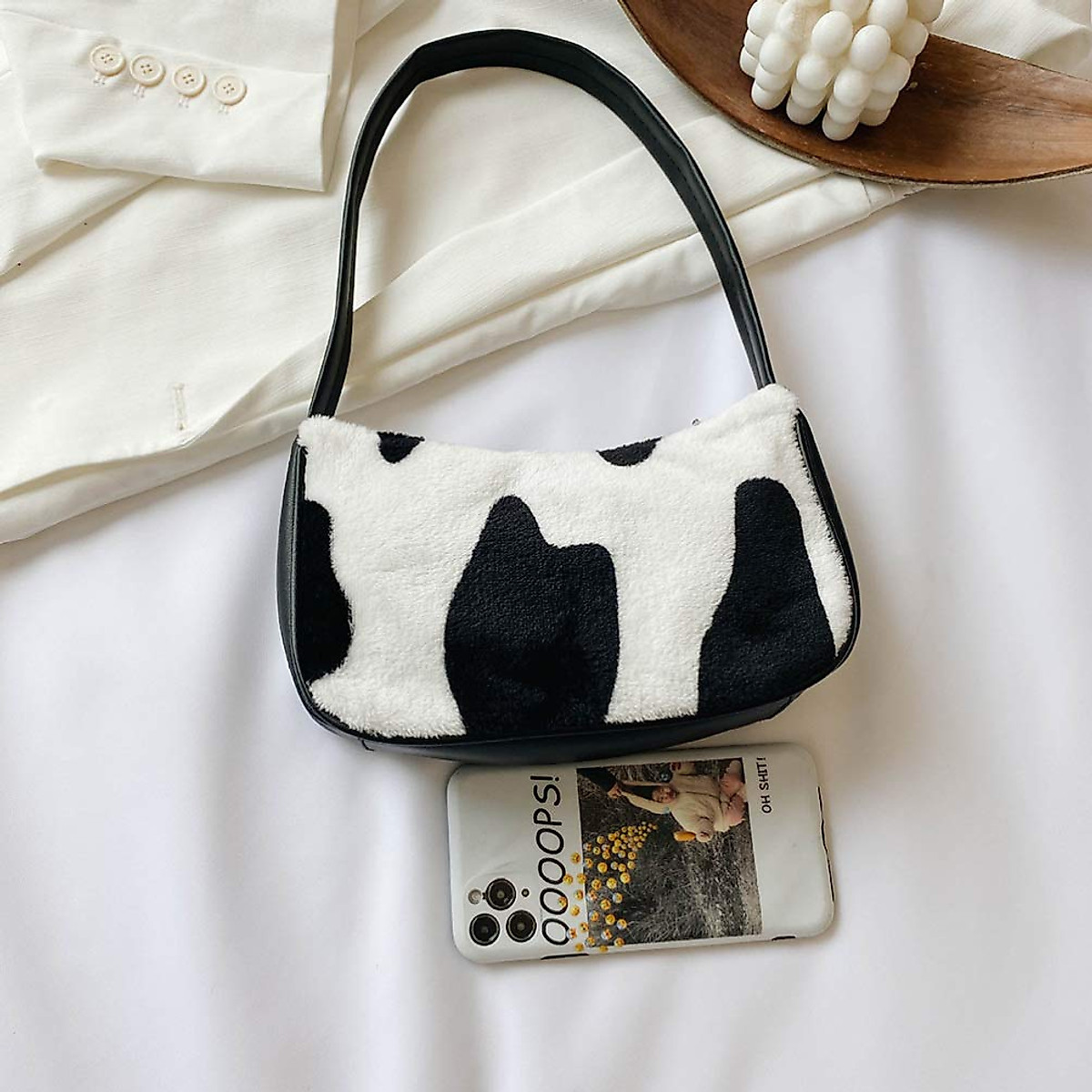 VALICLUD Shoulder Bag for Women Mini Furry Handbag Underarm Purse Cow Print Clutch Bag Faux Fur Purse