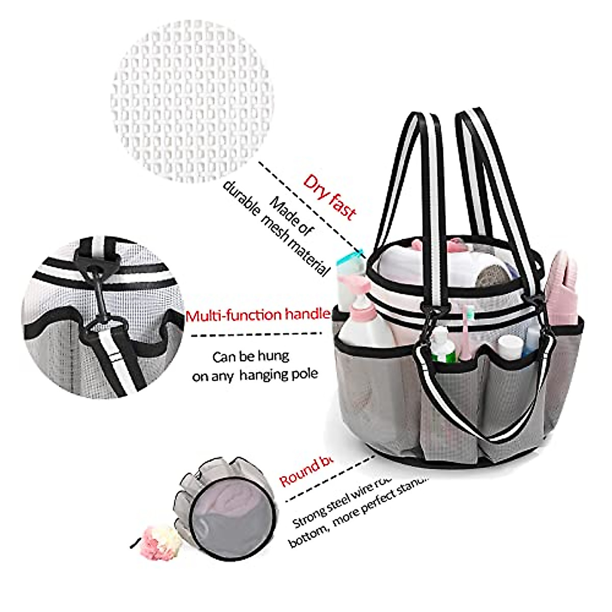 Ligereza Multi-Function Suspension Handles Mesh Portable Shower Caddie, Large Capacity, Round Bottom, 9 Side Pockets, College Dorm Room Essentials, Bathroom Caddy Shower Bag (Large White)