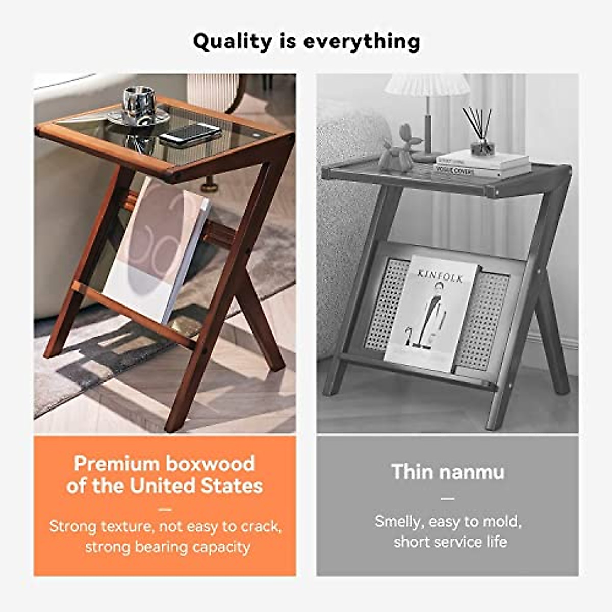TZK Side Table Z Shape End Table with Tempered Glass Top, Solid Wood Modern Simplistic Style Coffee Table for Sofa Couch,Living Room,Bedroom(Walnut)
