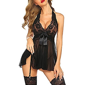 Avidlove Lingerie for Women Lace Babydoll Dress Backless Halter Chemise Sleepwear Black L