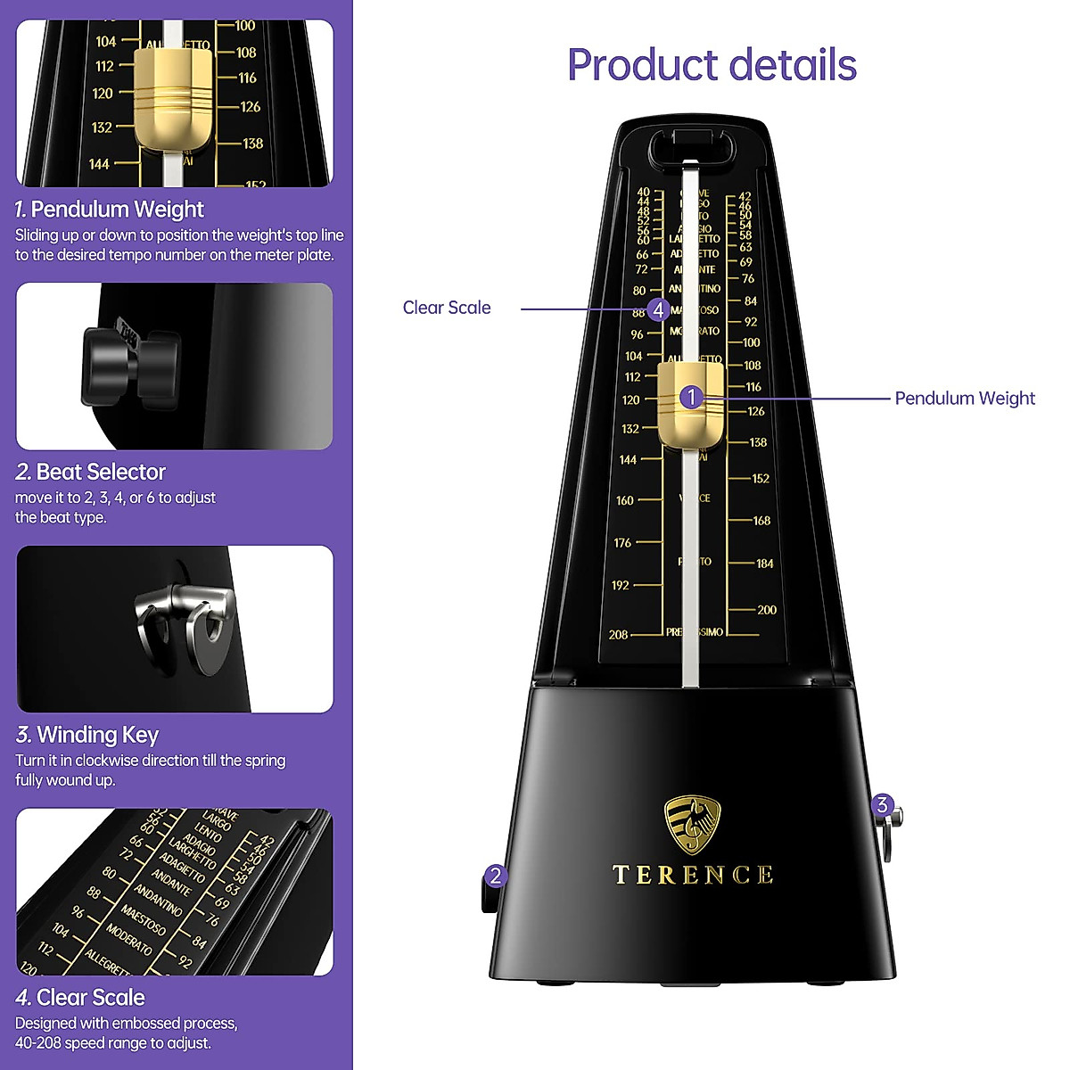 Mechanical Metronome, Universal Metronome for Piano Guitar Violin Drums and Other Instruments, Loud Sound, Accurate Track Beat and Tempo for Beginners(Black)