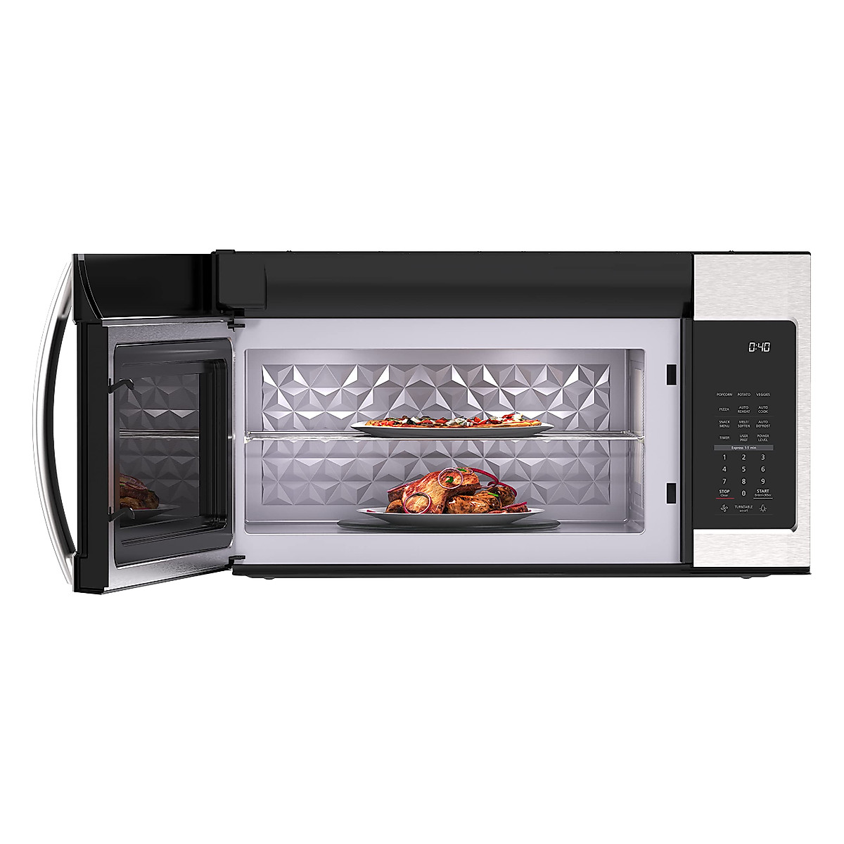 KoolMore KM-MOT-2SS Range Microwave Oven Lamp and 300CFM Recirculation Vent Hood, Auto Cook Menus, Reheat Function, 11 Power Levels, Timer, and Weight Defrost, 30 in/1.9 Cu. Ft, Silver