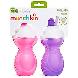 Munchkin® Click Lock™ Flip Straw Toddler Cup, 9 Ounce, 2 Pack, Pink/Purple
