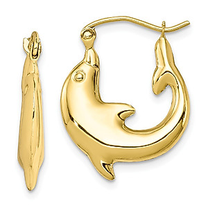 Solid 10k Yellow Gold Dolphin Hoop Earrings - 21mm x 17mm