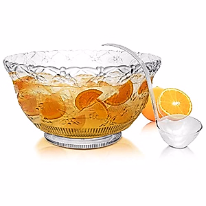 Premium Large Clear Punch Bowl Plastic Lightweight 2 Gallon with Clear Plastic Serving Ladle 5 oz Embroidered Design 8 Quart Serving Bowl
