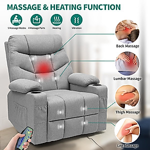 YITAHOME Oversized Recliner for Big and Tall Seniors, 270° Swivel Glider Rocker Recliner with Heat and Massage for Living Room, Theater Seating Single Sofa, 2 Cup Holders, Remote Control, Gray