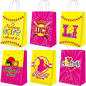 24 Pcs Softball Party Bags Gift Treat Bag Softball Goodie Bags Favors Paper Candy Bags with Handle for Sports Theme Birthday Baby Shower Party Decorations Supplies, 6 Designs