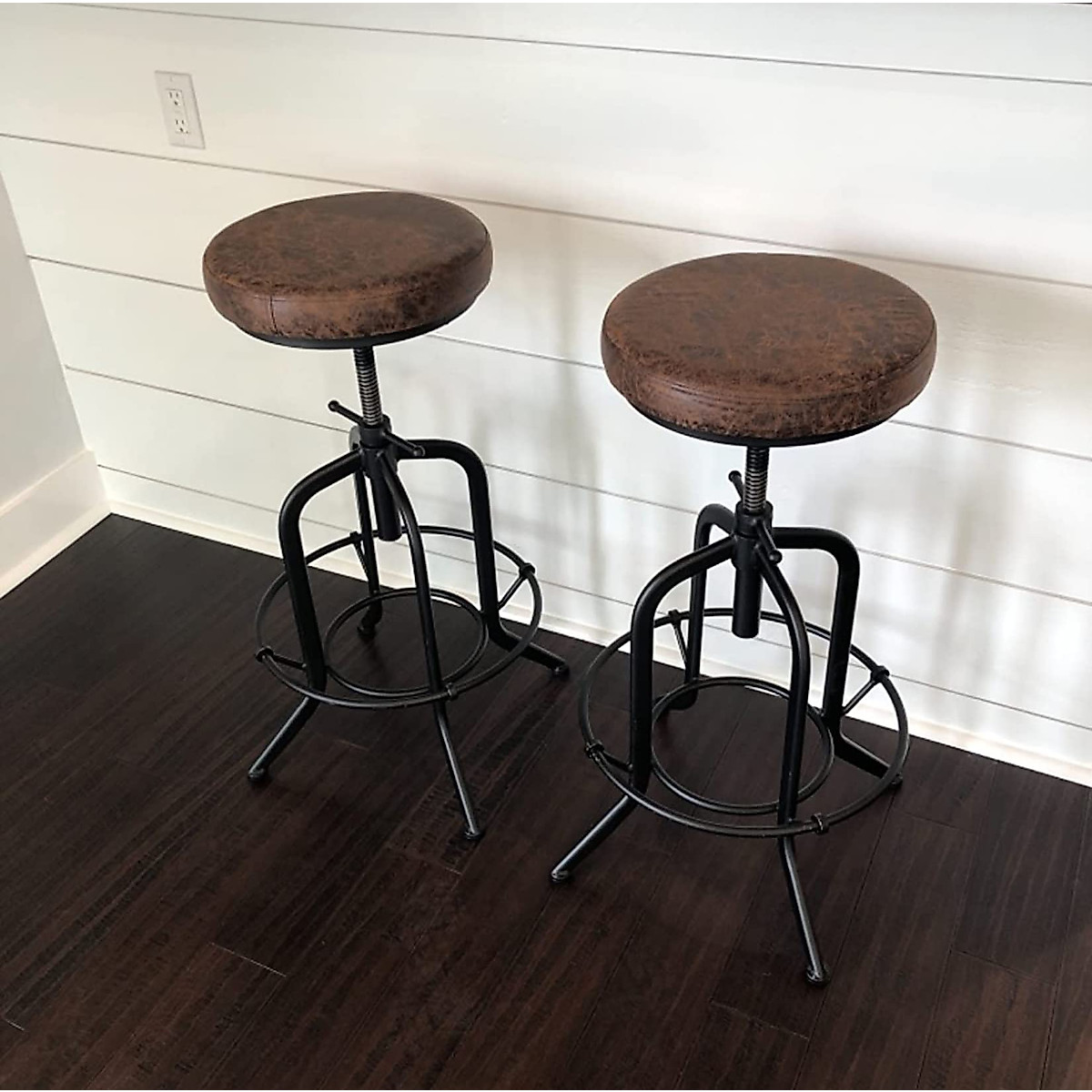 Set of 2 Industrial Bar Stool,Kitchen Stool-Adjustable Swivel Vintage Pu Leather Bar Stool-Rustic Bar Stool with Cushion Seat-Metal Iron Pipe Stool-Extra Tall Pub Height 25.39-31.29 Inch,Fully Welded