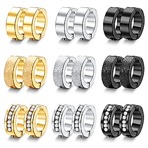 FIBO STEEL 9 Pairs Non-Piercing Earrings Stainless Steel Clip On Hoop Earrings For Men Women Paved CZ Ear Clip