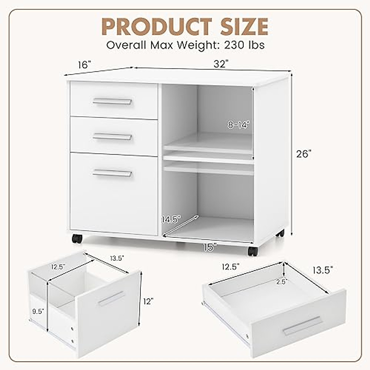 Giantex 3-Drawer File Cabinet for Office - Home Mobile Lateral Filing Cabinet with Hanging Bars, Open Storage Shelves, 5 Universal Wheels, Printer Stand for Letter Size Storage Cabinet (White)