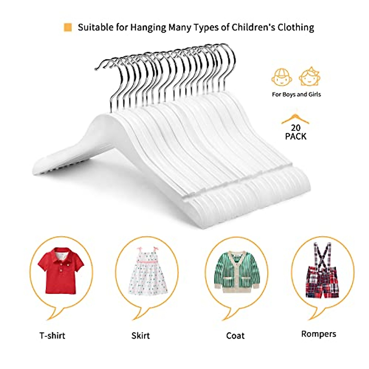 Nature Smile 20 Pack 14 Inches Juniors Preteen Older Children Wooden Clothes Hangers Wood Dress Shirt Hanger Coat Jacket Hangers with Notches and 360° Swivel Anti-Rust Chrome Hook (White)