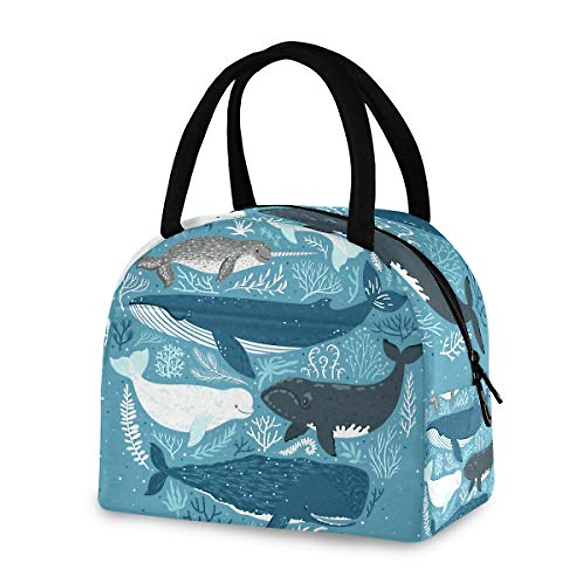 senya Lunch Bag, Sea Animal Whale Coral Blue Insulated Lunch Box Cooler Bag Tote Bag for Women Kids/Picnic/School/Work