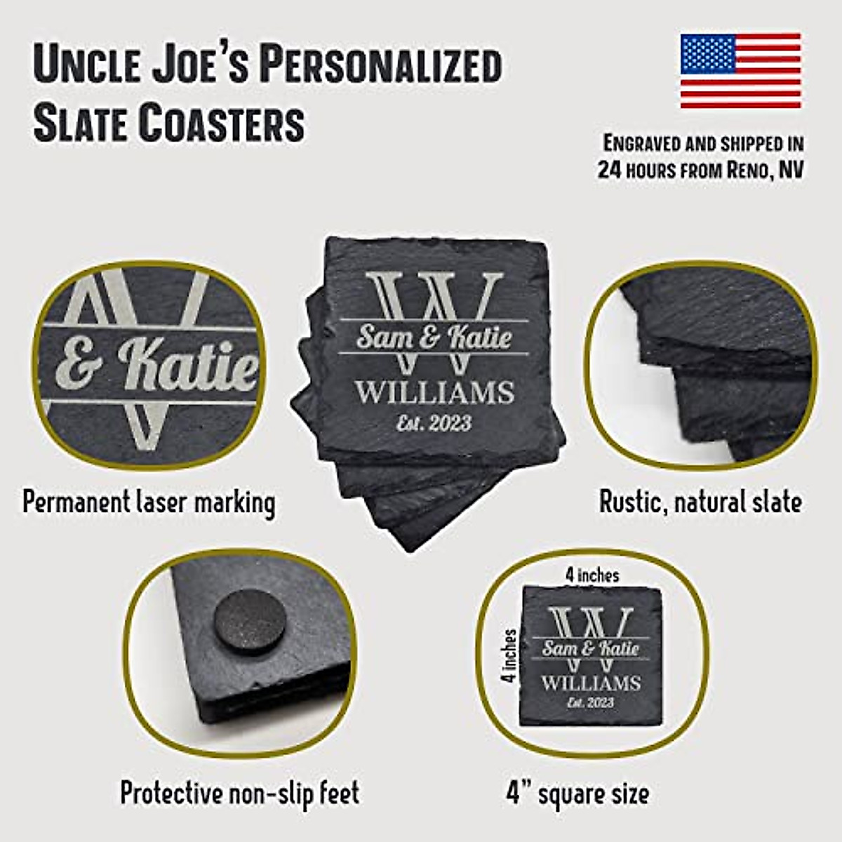 Custom Engraved Slate Coasters, 4" Square (Set of 4 or Set of 6) - Great for Personalized Gifts, Weddings, Couples, Anniversaries, Special Occasions