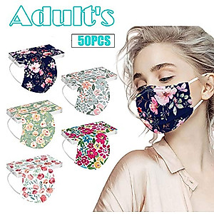 50 Pack Adults Floral Disposable Face Masks with Design, 3 Ply Protective Breathable Women Men Flower FaceMask with Nose Wire (Floral #14)