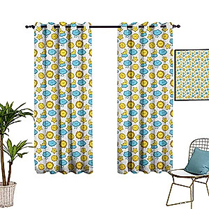 Baby Black Out Window Curtain 2 Panel, Curtains 84 inch Length Sleepy Morning and Night for Kids Boys Girls Moon Rainy Clouds Stars Sun Protective Furniture Earth Yellow Sky Blue W72 x L84 Inch