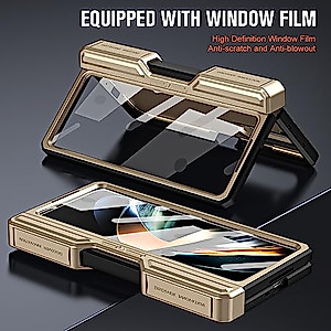 PUROOM for Samsung Galaxy Z Fold 5 Hinge Coverage Protective Case Pen Box & Kickstand, Slide Camera Lens Cover, Screen Protector Full Body Shockproof Case (Gold)