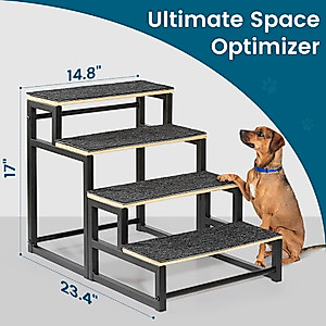 Senneny Dog Stairs for Dogs up to 160 lbs, Pet Stairs with Sturdy Steel Frame, Solid Wood Steps and Non-Slip Stair Tread, Dog Steps for High Bed, 4 Step