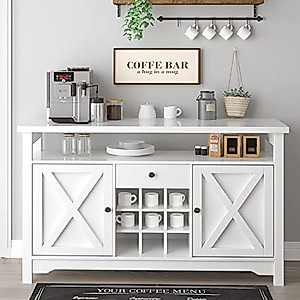 Modern Coffee Bar Cabinet, 47” Storage Cabinet Sideboard Buffet Barn Door Drawer Open Shelf for Kitchen, Dining/ Living Room 47" x 16" x 32"(White)