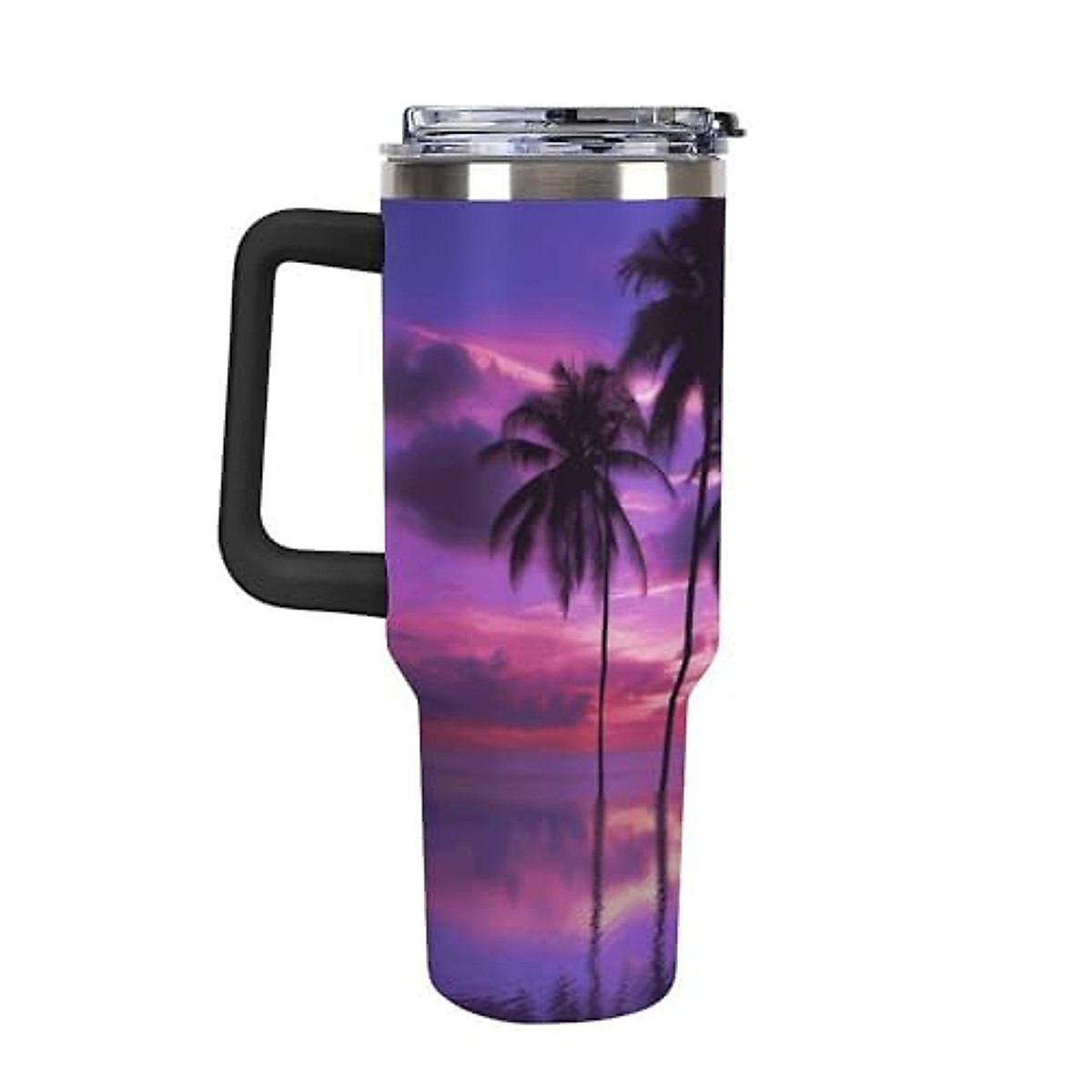 STVNKML 40 Oz Tumbler with Handle Palm Tree Purple Sunset Stainless Steel Coffee Mug Reusable Travel Mug Leak-proof Insulated Car Cup Large Capacity Tumbler for Travel, Outdoor, Home Use (Black)