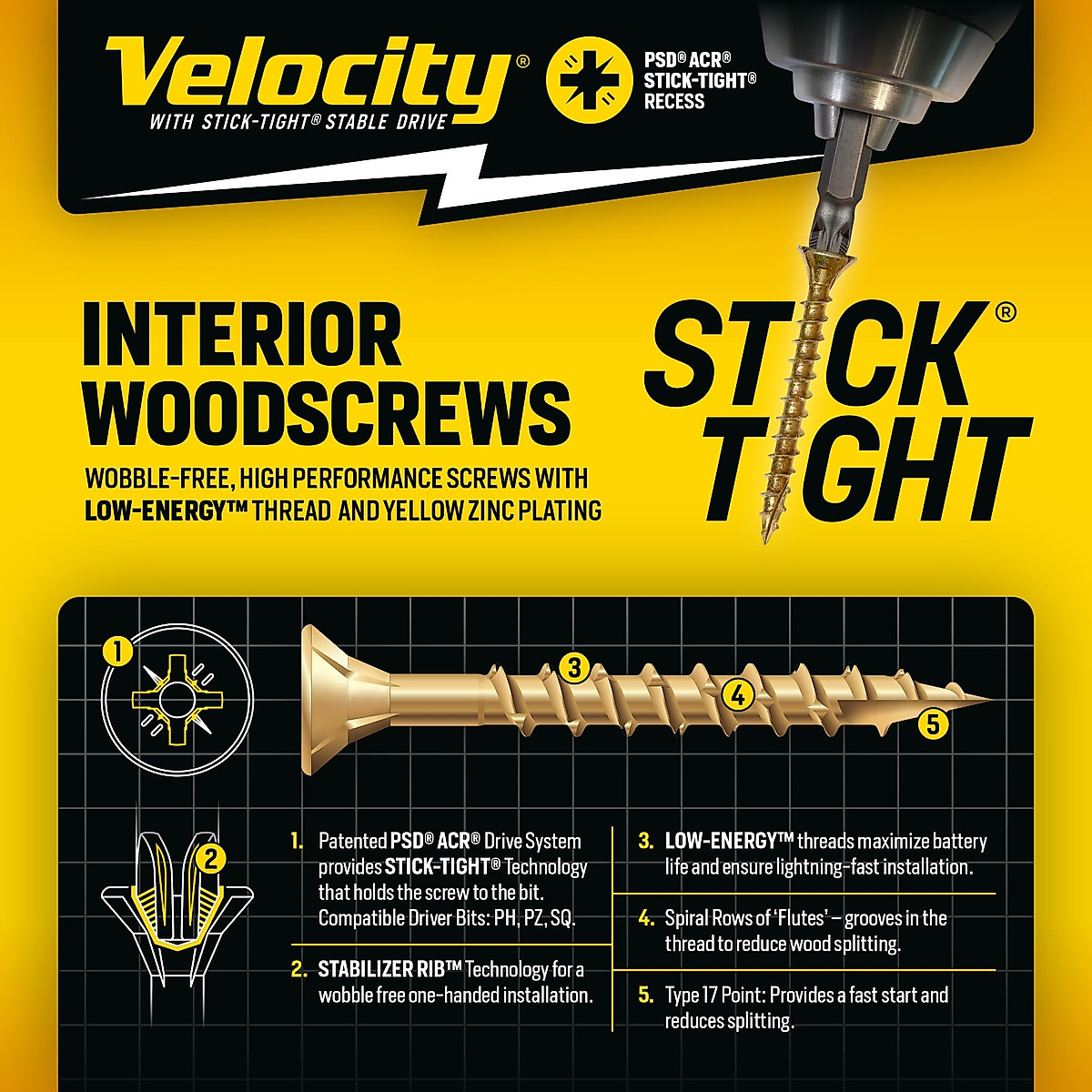 Velocity Interior 2 Inch Wood Screws Contractor Pack (Size #8, 435 Pcs) – Self Tapping Screws with Phillips Bits, Stick Tight Technology, Carbon Steel with Zinc Plating, Durable Storage Organizer
