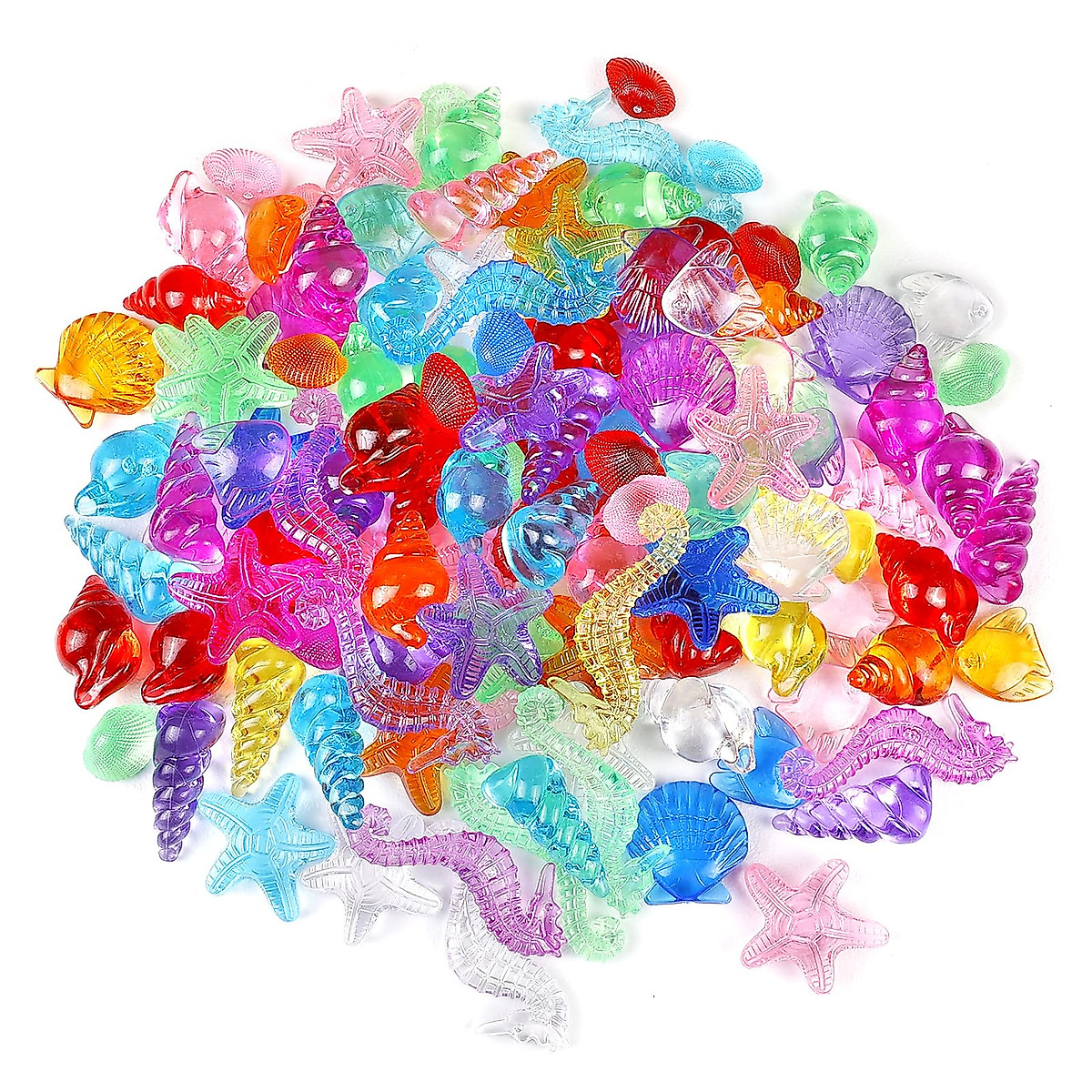 HAPTIME 100 Pcs Sensory Bin Filler, Mini Resin Figures, Plastic Seashells Under The Sea, Little Mermaid Table Decorations, Sea Shells for Crafting, Vase Filler, Diving Gem Pool Toys for Kids