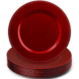 Okllen 12 Pack Plastic Round Charger Plates, 13" Red Beaded Charger Plates Decorative Dinner Chargers, Embossed Charger Serving Plates for Wedding, Catering Event, Tabletop Decor