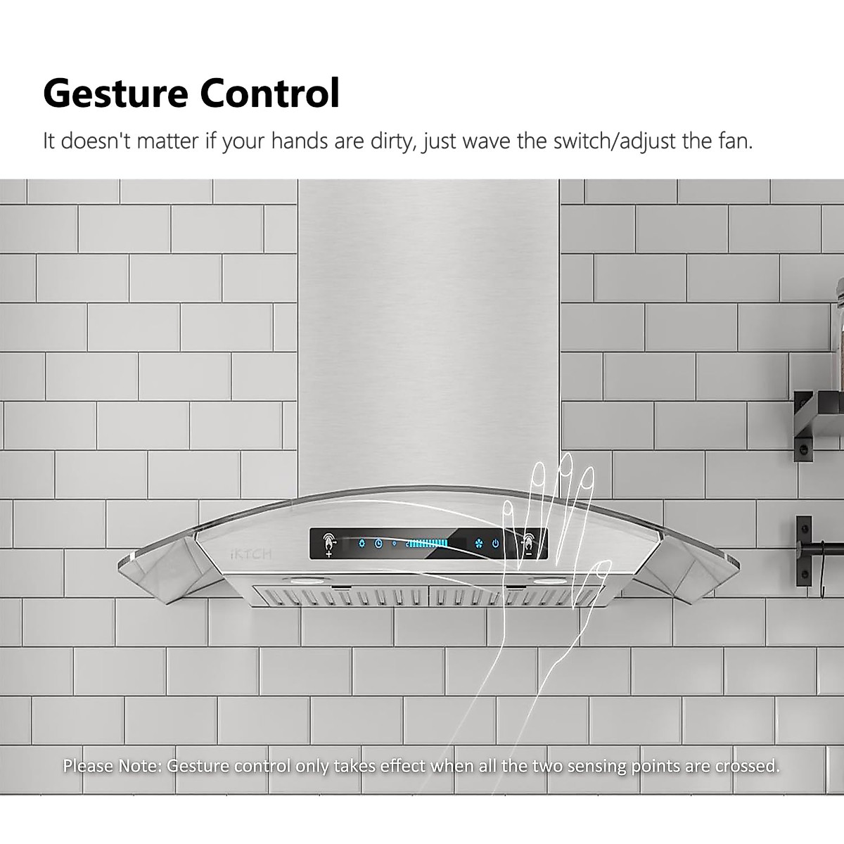 IKTCH 30-inch Wall Mount Range Hood Tempered Glass 900 CFM, Kitchen Chimney Vent Stainless Steel with Gesture Sensing & Touch Control Switch Panel, 2 Pcs Adjustable Lights(IKP03-30)