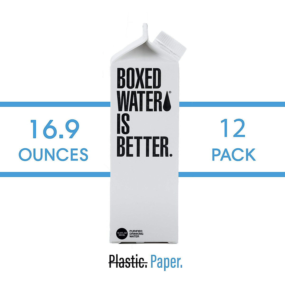 Boxed Water 16.9 oz. (12 Pack) – Purified Drinking Water in 92% Plant- Based Boxes – 100% Recyclable, BPA-Free, Refillable/Reusable Cartons – More Sustainable than Plastic Bottled Water