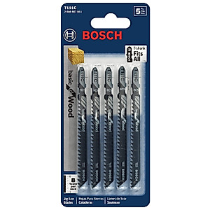 BOSCH T111C 4-Inch 8-Tooth Jig Saw Blade, 5-Pack Fast Cuts for Wood ,Silver