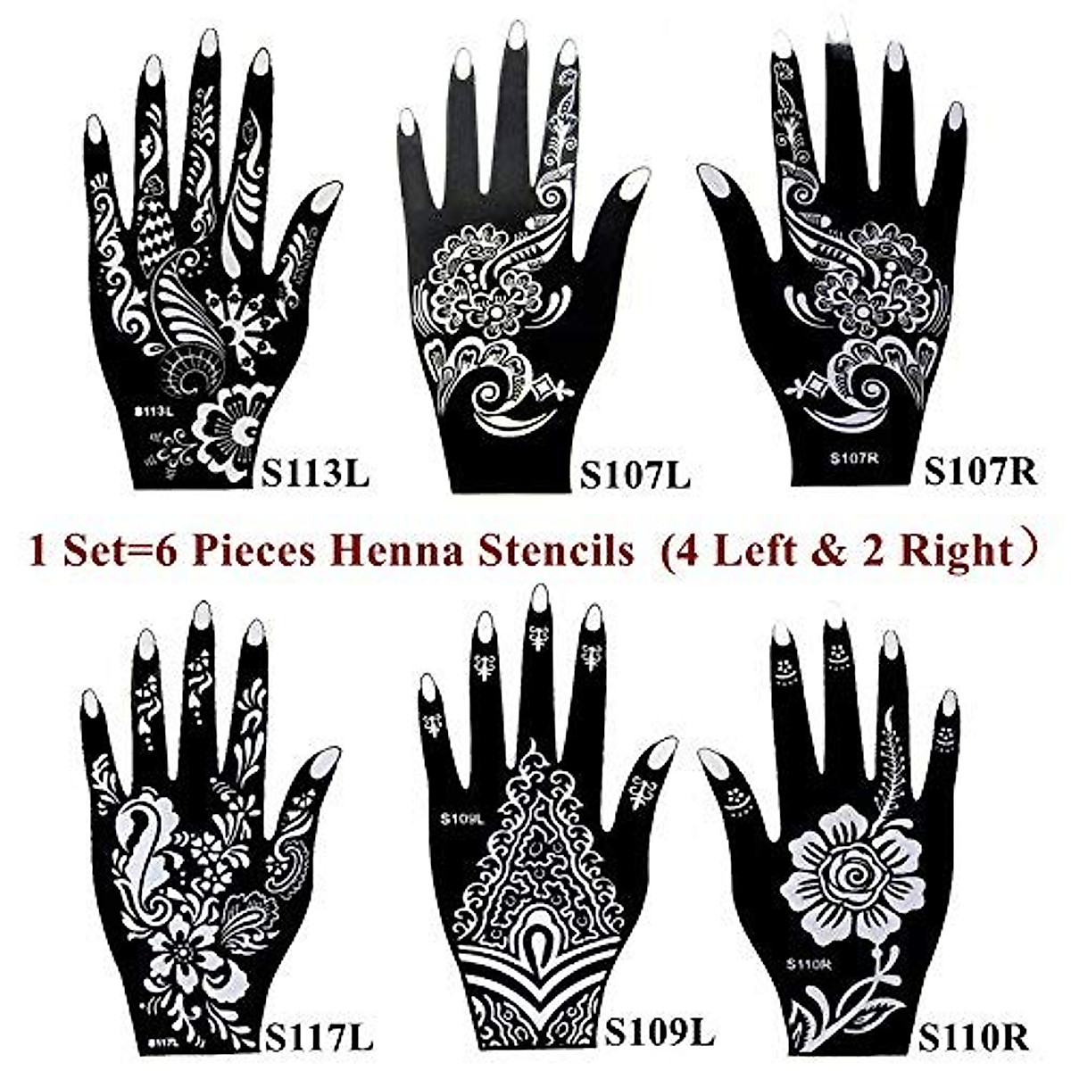 Xmasir 6 Sheets India Henna Tattoo Stencil Kit for Women Girl Hand Art Painting Temporary Tattoo Sticker Glitter Templates 7.87'' x 4''