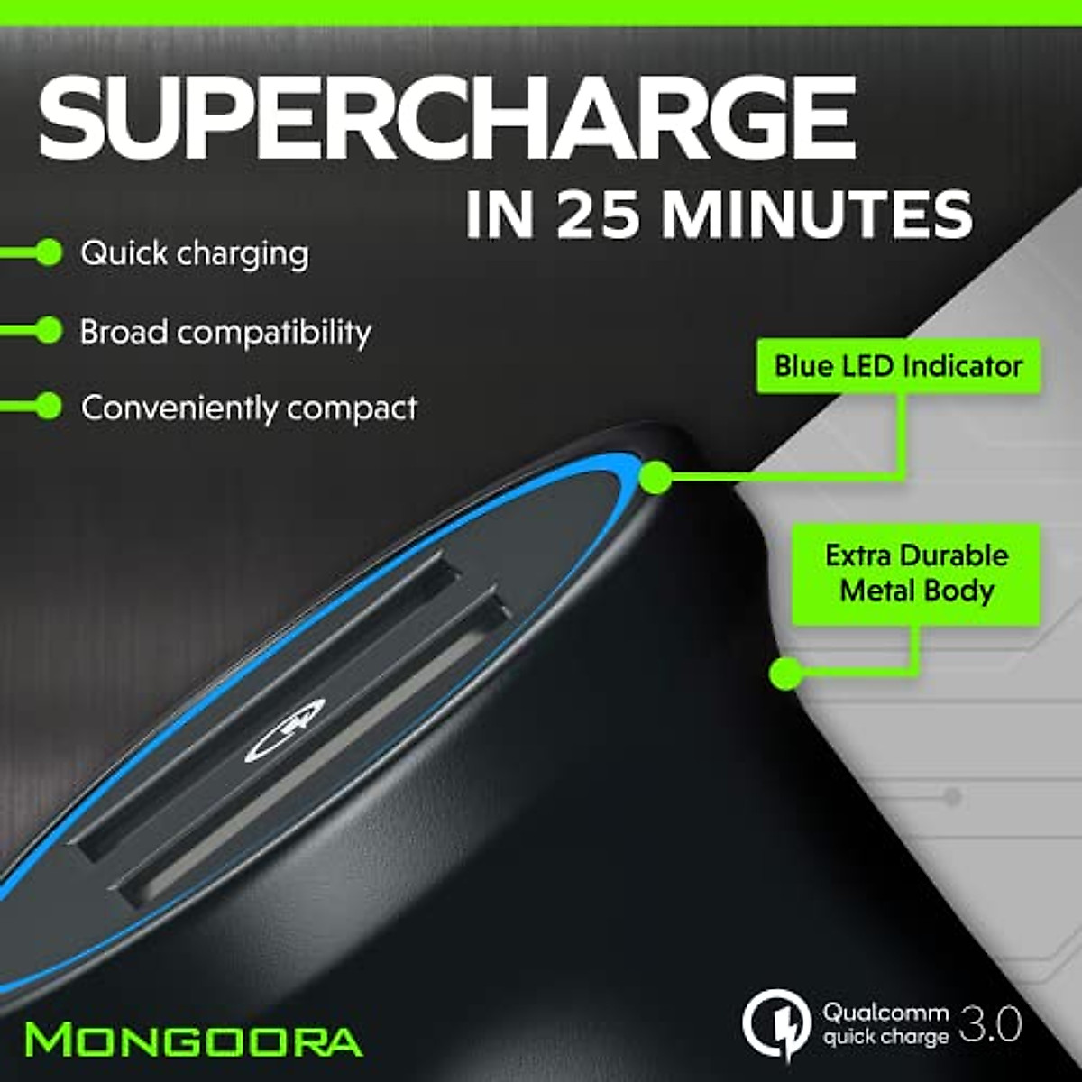 Mongoora Car Charger Adapter - Metal, Portable, 3.0 Car Chargers with Dual USB Ports and Fast Charging Technology - Compatible with iPhone, iPad, Samsung Galaxy - White Elephant, Stocking Stuffers