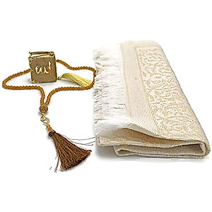 Muslim Gifts Hajj Hac Haji Gift Set Prayer Rug Janamaz Seccade Pearl Tasbeeh Prayer Beads and Pocket or Car Decor Mini Quran 3pcs/Set (Gold)