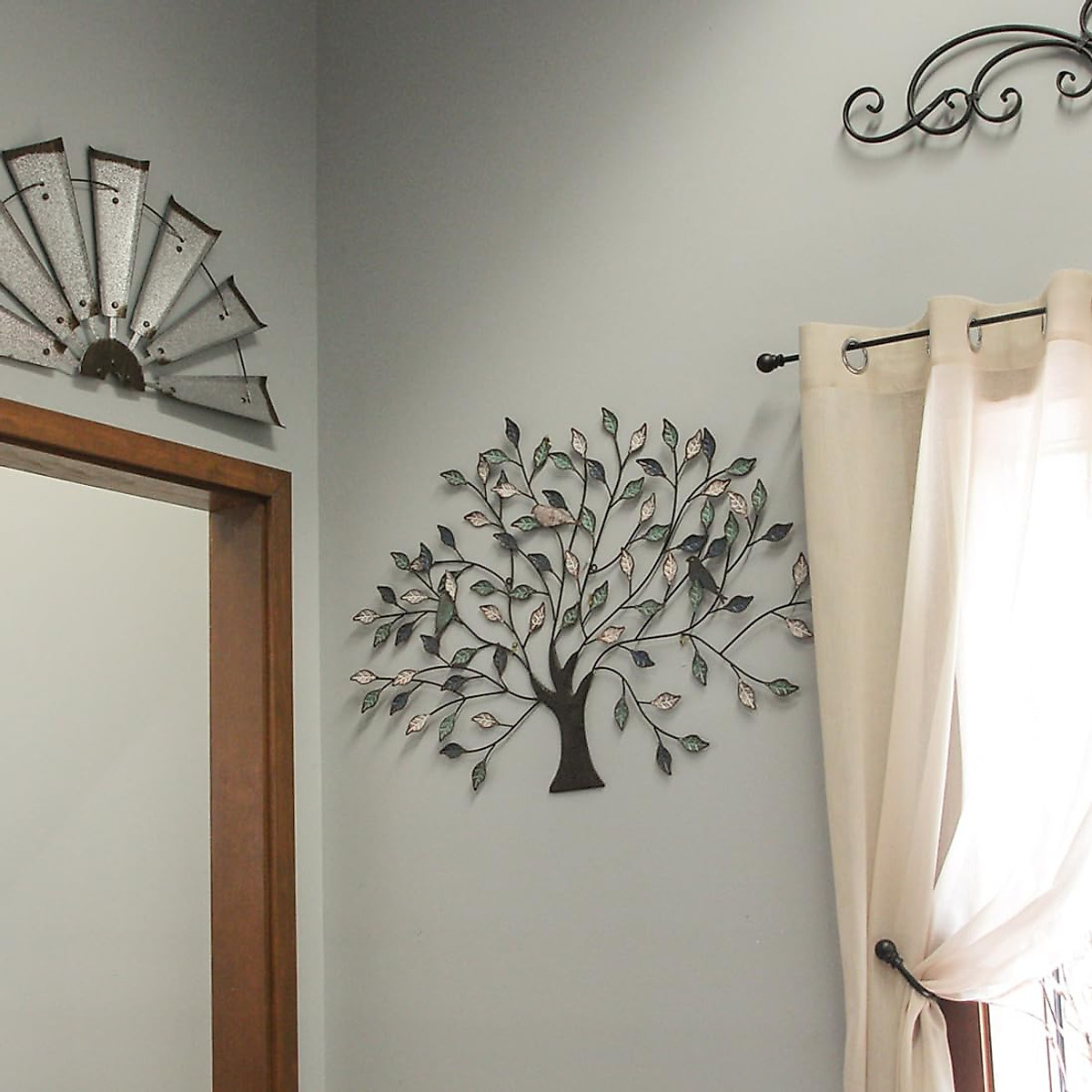 36-inch Tri-Tone Leaves Birds in Branches Metal Tree Wall Décor - Unique Artistic Design for Indoor and Outdoor Use, Easy Installation, Durable Construction, Stunning Tri-Tone Finish