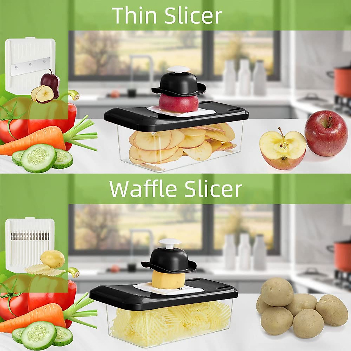 VEKAYA Vegetable Chopper, Professional Food Chopper with Container, Multifunctional Veggie Slicer, Cutter Detachable Blades, Onion Dicer for Kitchen (Black)