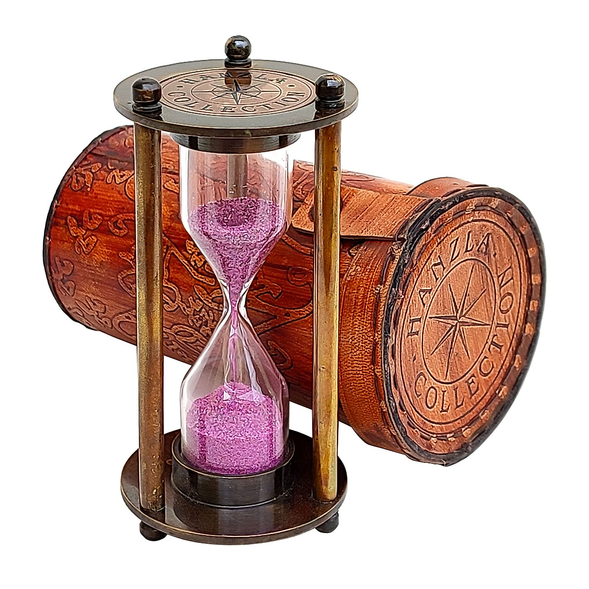 Hanzla Collection 1 Minute Decorative Nautical Vintage Brass Sand Timer with Engraved Leather Case Home Décor, Small Kitchen Sand Clock, Metal Hour Glass Sand Glass for Office Desk