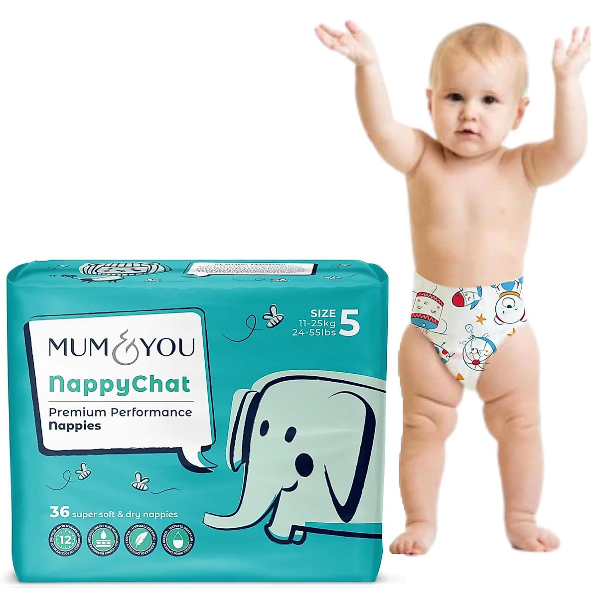 Mum & You Nappychat Premium Performance Eco Diapers, Size 5 (36 Diapers) Smart Tube Technology Leak Protection. 100% Recyclable. Hypoallergenic, Dermatologically-Tested. No Lotion, Perfume or Dyes.