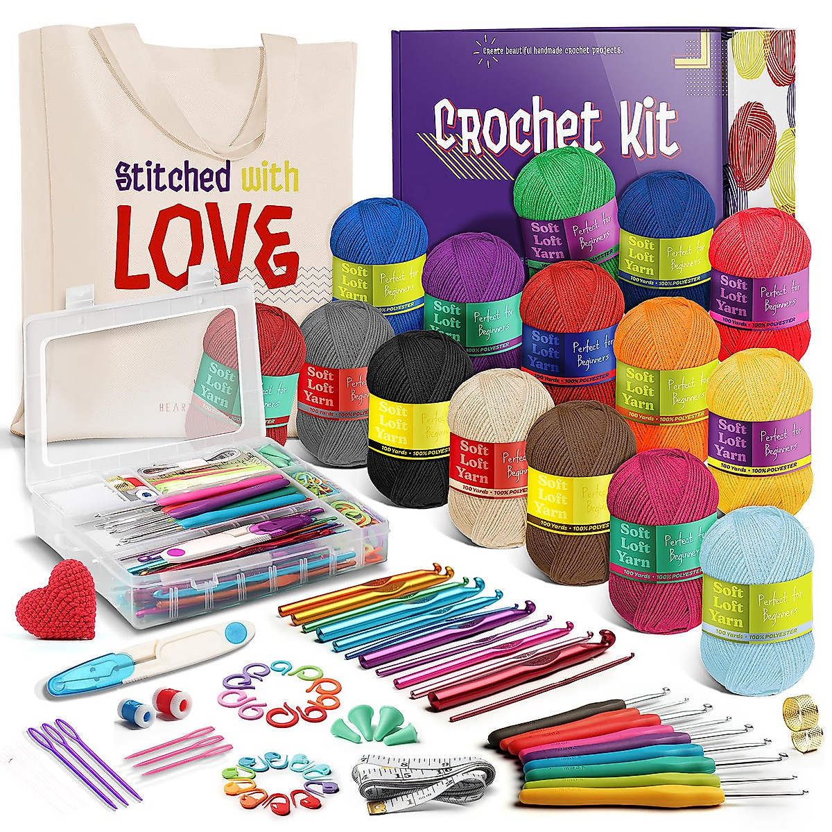 73 Piece Crochet Kit with Crochet Hooks Yarn Set - Premium Bundle Includes Yarn Balls, Needles, Accessories Kit, Canvas Tote Bag and Lot More - Starter Pack for Kids Adults – Beginner, Professionals.