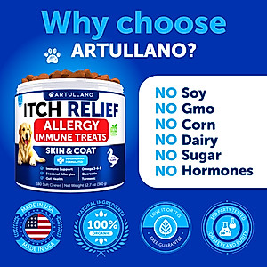 Artullano Dog Allergy Relief Chews - Dog Itching Skin Relief Treatment Pills - Itchy and Paw Licking - Anti-Itch Support - Immune Skin & Coat Supplement - Dry Skin and Hot Spots - 180 Treats