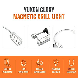 Yukon Glory Bright and Durable Magnetic LED Grill Light for Grilling and BBQ, Attaches Magnetically or with Built in Clamp, Long Flexible Gooseneck, Perfect for Blackstone Grills