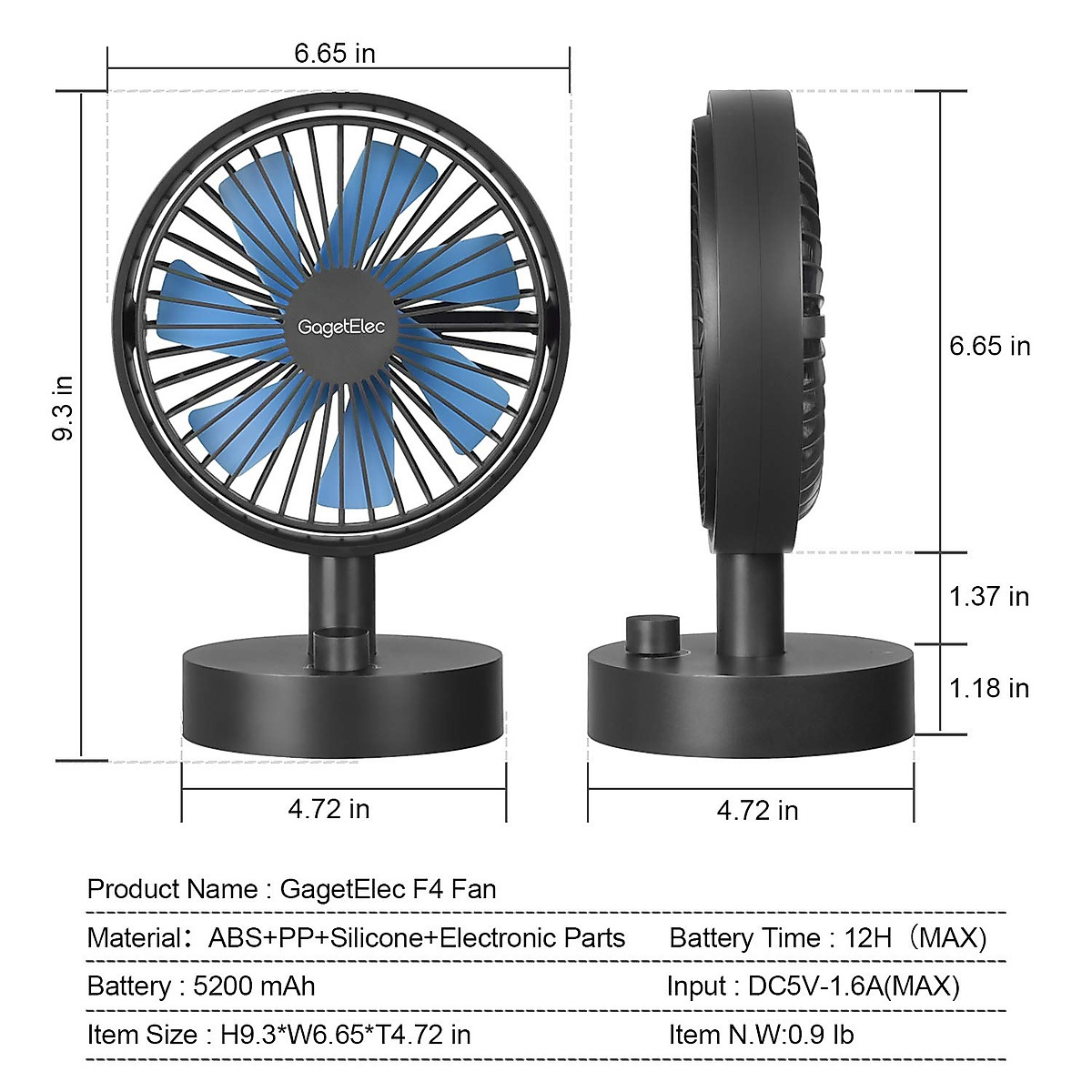 GagetElec 6.5 Inch 5200mAh Battery Operated Rechargeable Fan USB Portable Fan Desk Fans Small Quiet with 10 Speeds Mini Desktop Fans for Office Quiet Personal Table Fans for Bedroom (Black)
