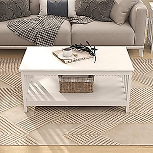 ChooChoo Farmhouse Coffee Table, Pure White Living Room Table with Shelf, 40 Inch