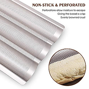 Fulimax Baguette Pan, French Bread Pans For Baking Pan, Nonstick 3 Slots Perforated Italian Loaf Pan Mold Long French Bread Pan,Golden