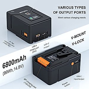 ZGCINE V99 V-Mount Battery 99Wh 14.8V 6800mAh for Video Camera Camcorder Broadcast with USB-C PD Input & Output/D-TAP/USB-A Output,V-Lock Battery Compatible with BMPCC 6K Pro/Canon EOS R5C/Sony FX3