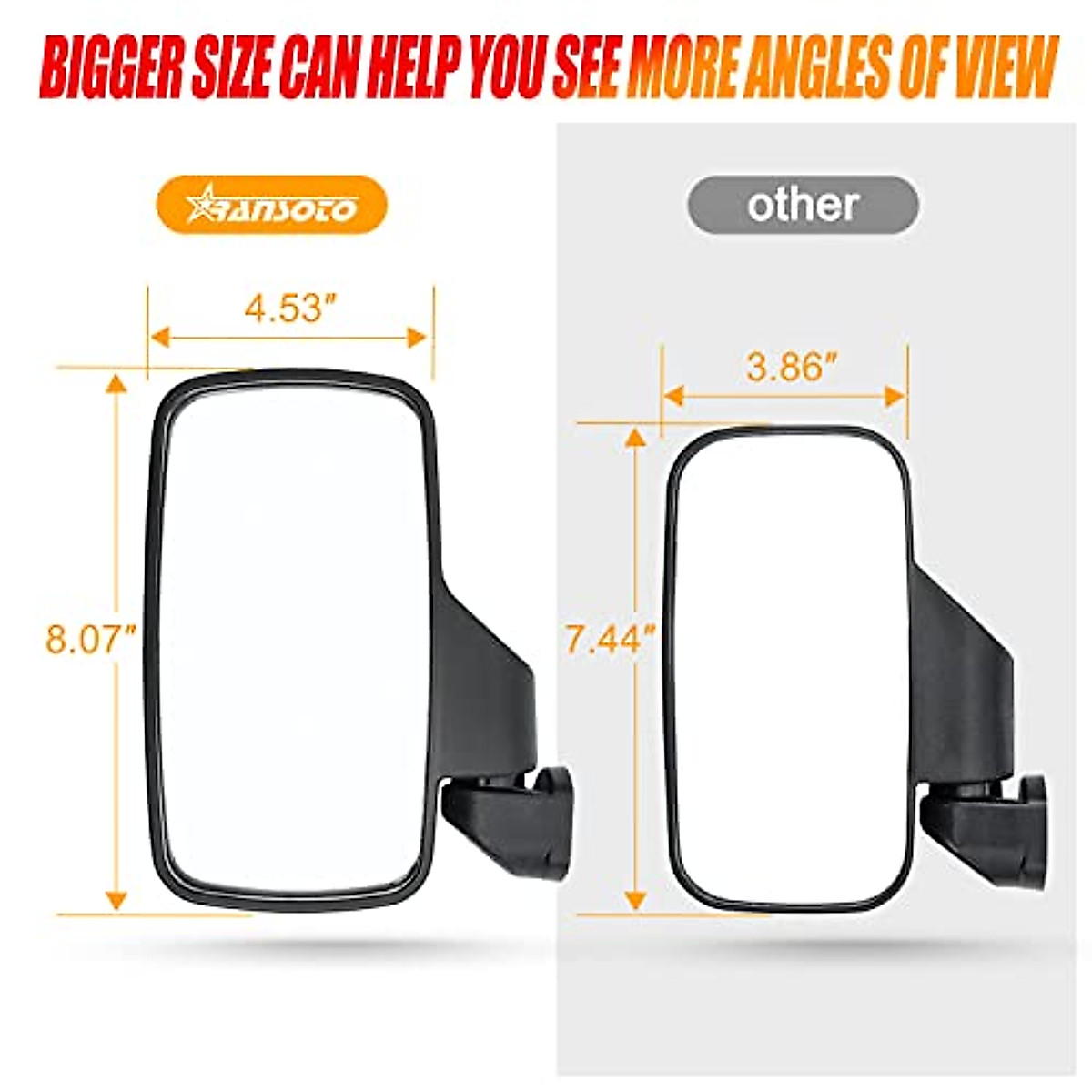 RANSOTO Ranger Side Mirrors, UTV Rear View Mirror Compatible with Polaris Ranger XP 500, 570, 900, 1000, Ranger Diesel, ETX/EV, General 1000, Can-Am Defender, Maverick Trail